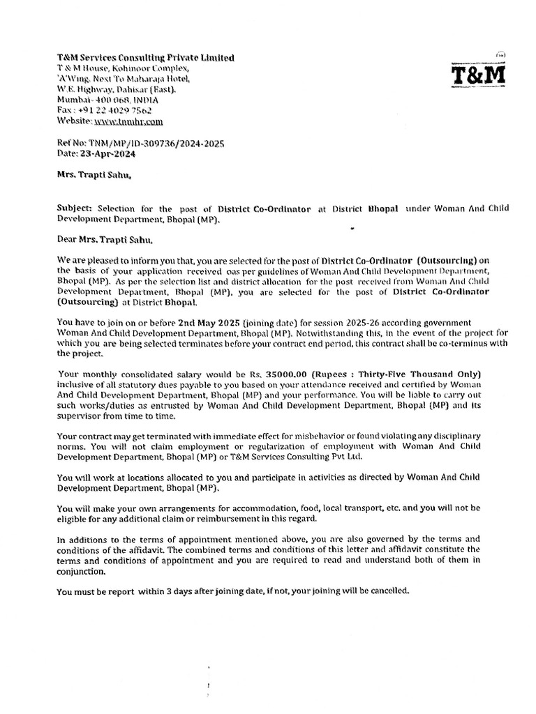 Selection Letter - Trapti | PDF