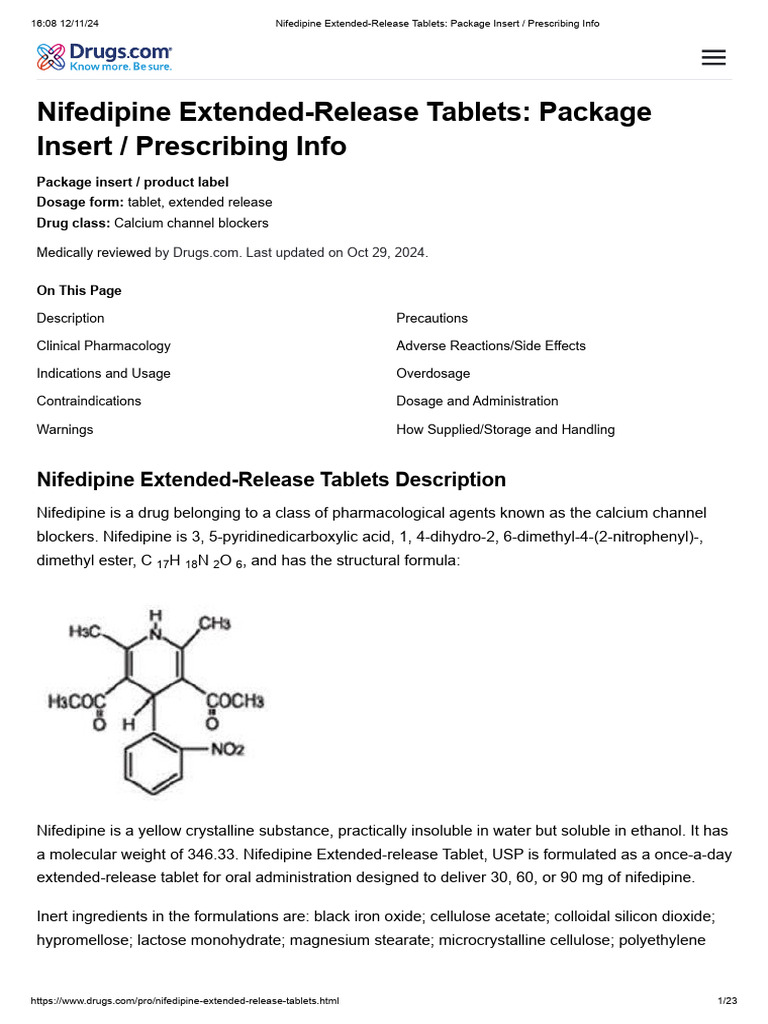 4 Nifedipine Extended Release Tablets Package Insert Prescribing Info ...