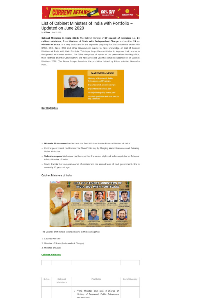 List of Cabinet Ministers of India With Portfolio - Updated On June ...