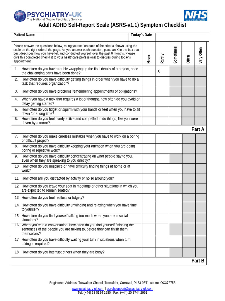 ASRS-v1.1 ADHD Symptom Checklist | PDF | Child And Adolescent ...