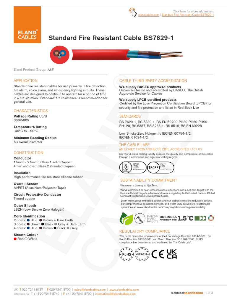 Standard Fire Resistant Cable Bs7629 1 Lcpb Basec Approved | PDF | Electricity | Electrical ...