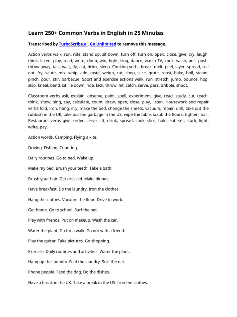 Learn 250+ Common Verbs in English in 25 Minutes | PDF