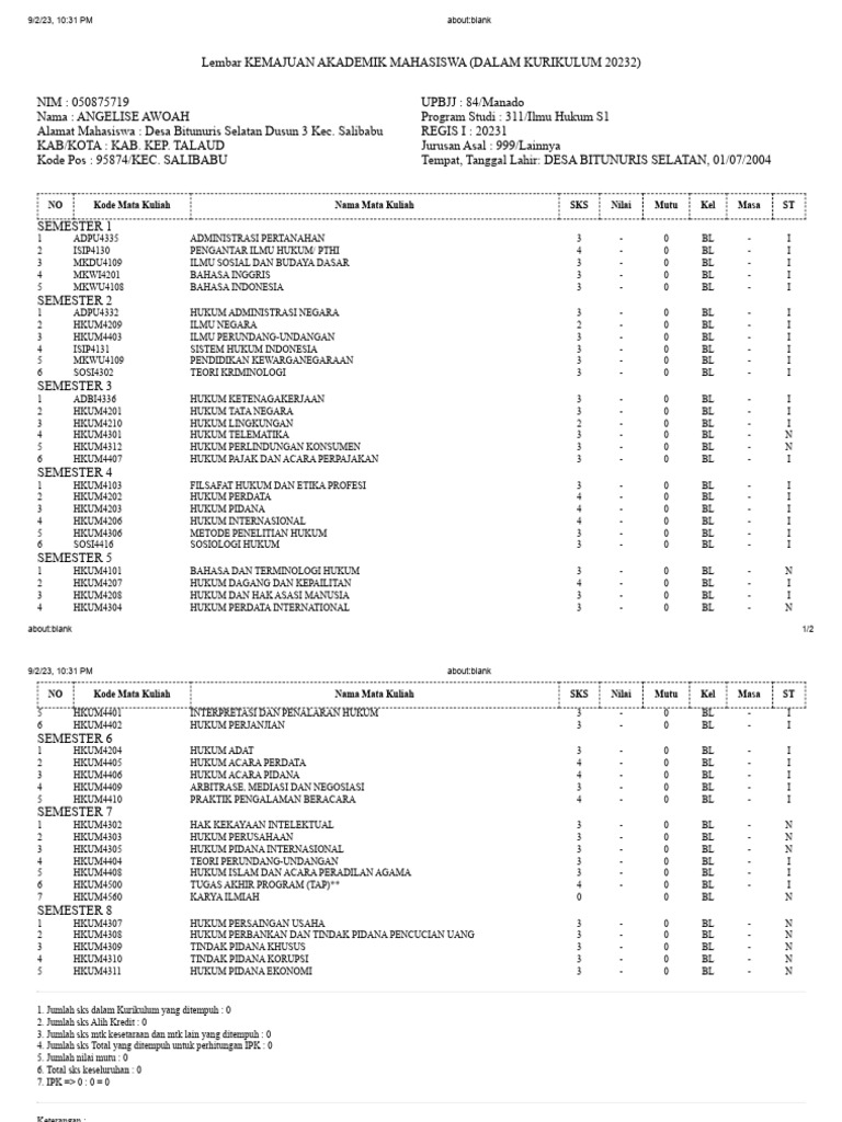 Lembar Kemajuan Akademik Mahasiswa UT | PDF