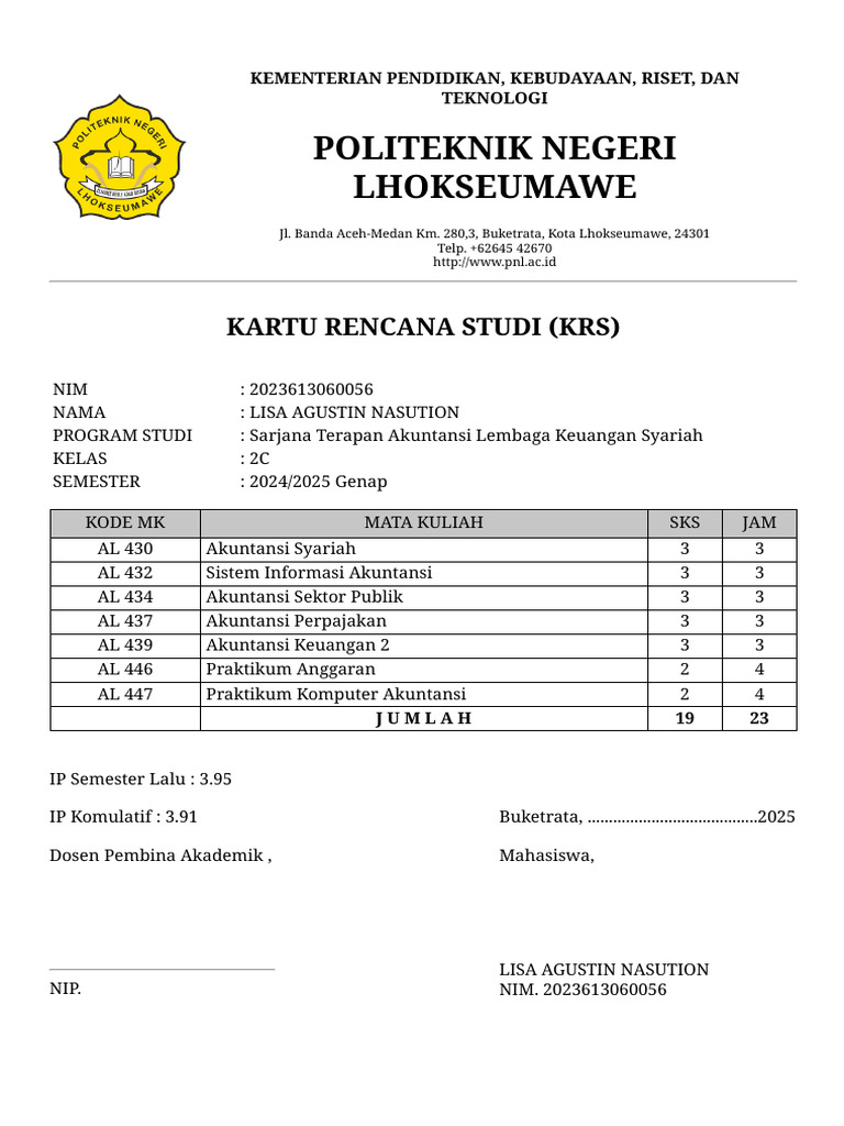 Kartu Rencana Studi (KRS) - Politeknik Negeri Lhokseumawe (2) | PDF