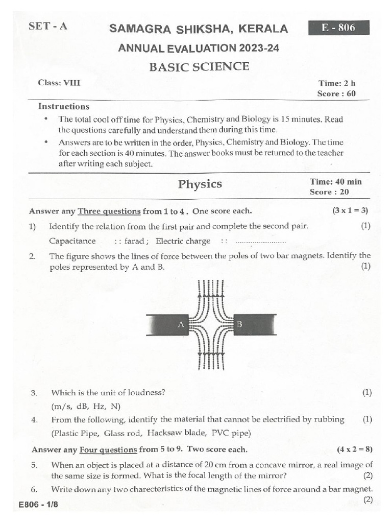Kerala 8th STD Annual Exam 2024 Basic Science Question Paper (Eng Med) | PDF