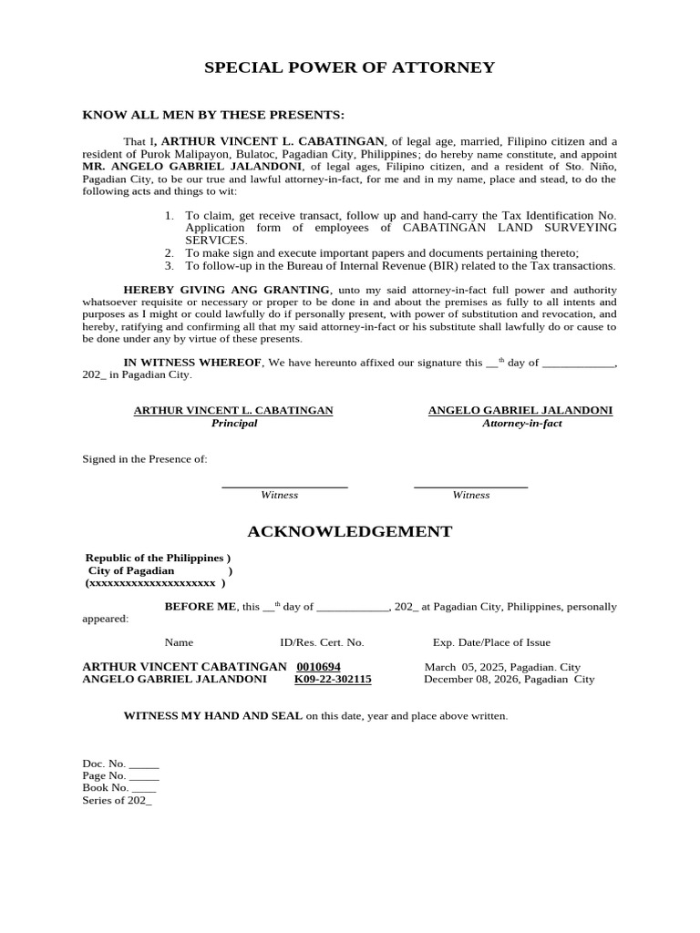 SPECIAL POWER OF ATTORNEY-CLSURV To ANGELO GABRIEL JALANDONI | PDF ...