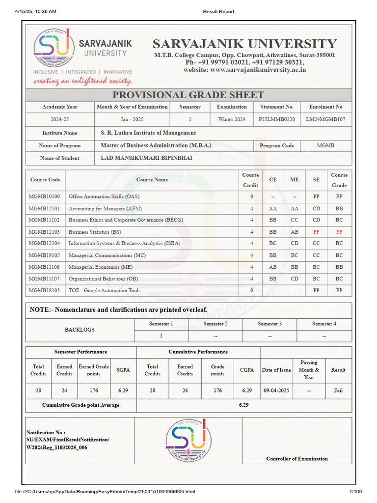 Provisional Gadesheet MBA W-2024 Sem-1 Regular 3 Compressed | PDF | Master Of Business ...