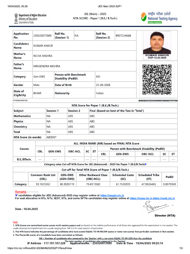 Ankur Jee Result | PDF