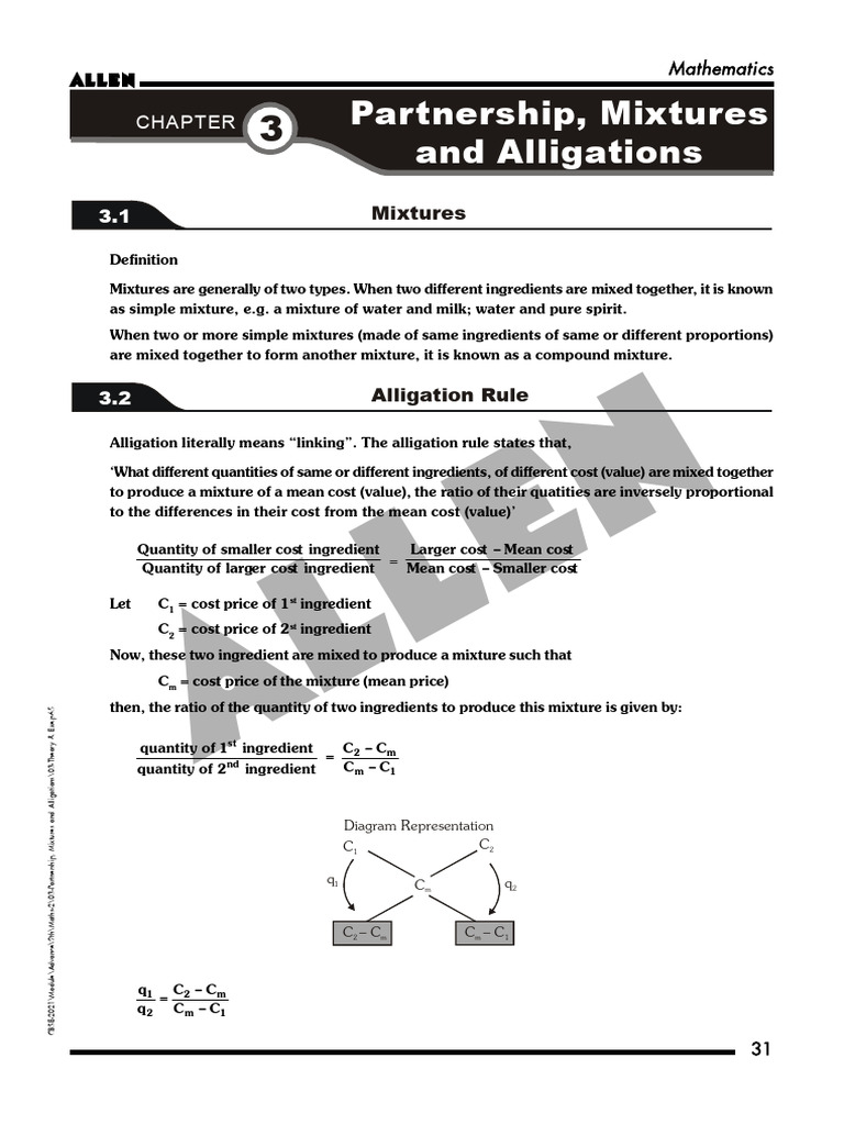 9th - Advance - Maths-2 - 03-Partnership, Mixtures and Alligations | PDF | Ratio | Quantity