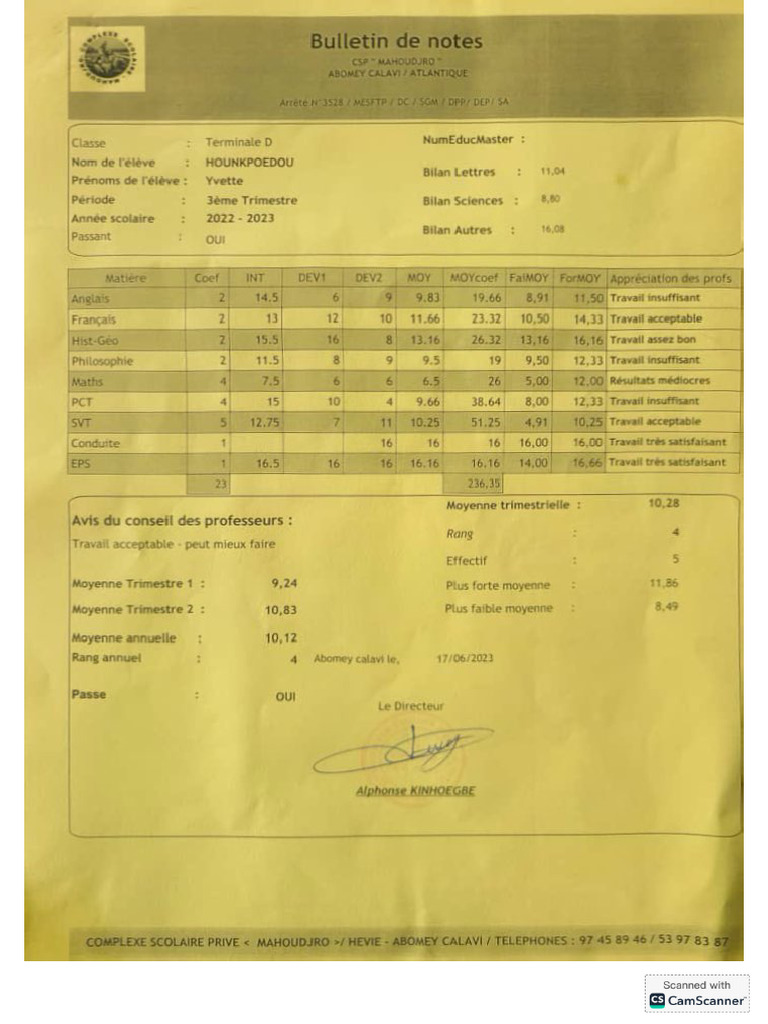 Bulletin de Note Du 3ème Trimestre | PDF
