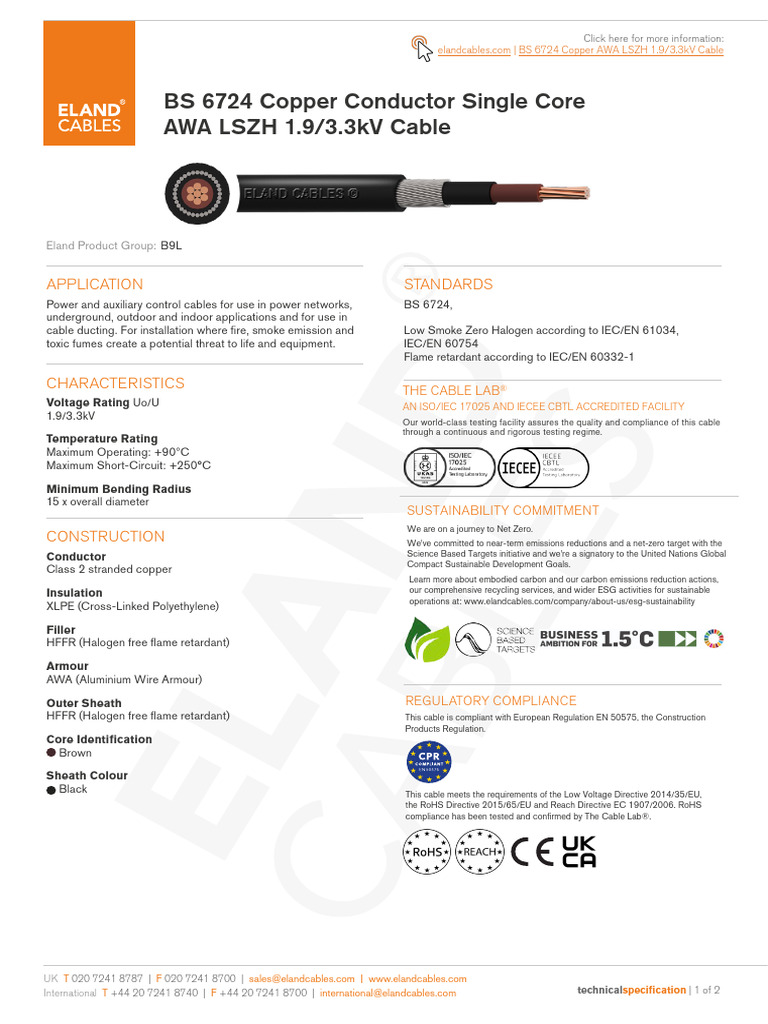 Bs 6724 Copper Conductor Single Core Awa LSZH 1 9 3 3kv Cable | PDF ...