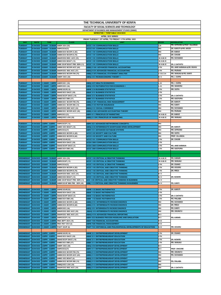 23.03.2025 SBMS Semester 1 2025 Final Examinations Timetable - With Invigilators | PDF ...
