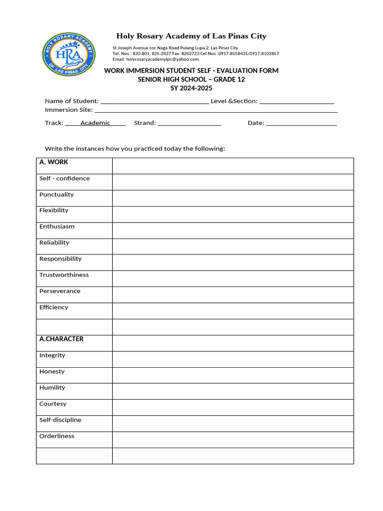 Students Self Eval. Form | PDF