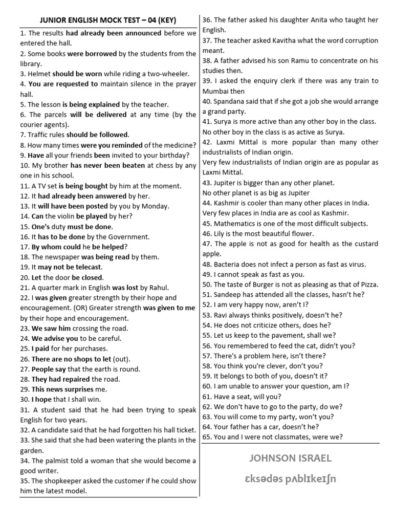Junior English Mock Test 04 Answers | PDF