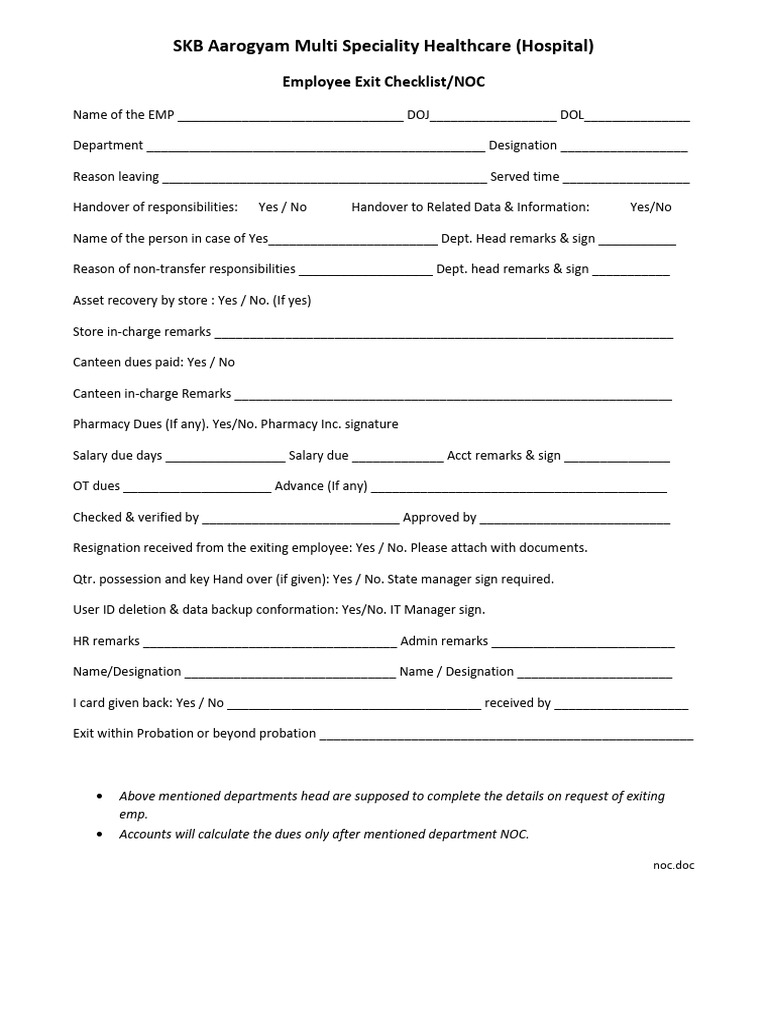 NOC Employee Exit Checklist | PDF