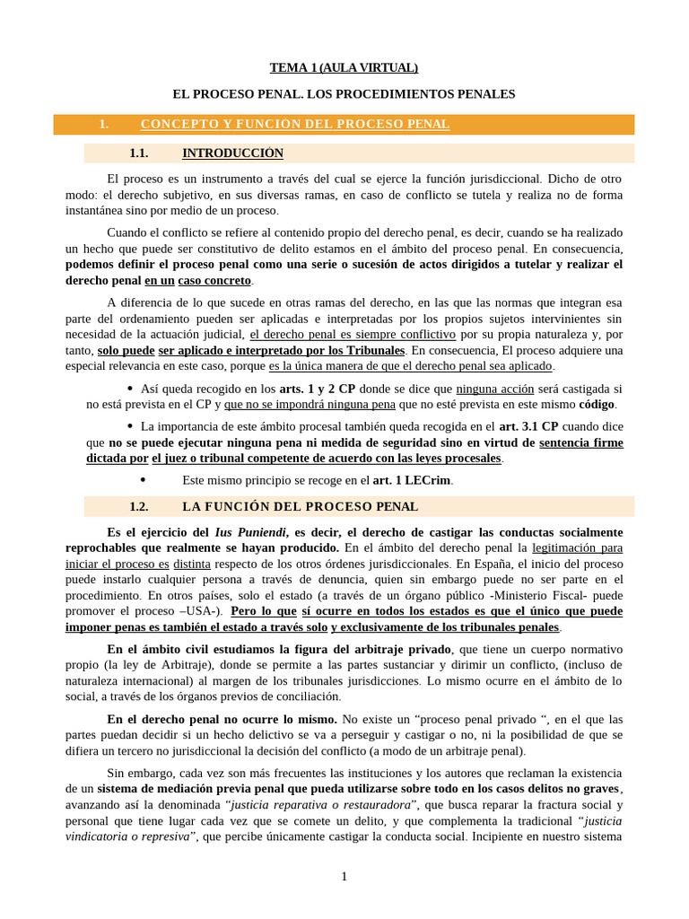 Tema 1. El Proceso Penal. Los Procedimiento Penales | PDF | Derecho penal | Ley procesal