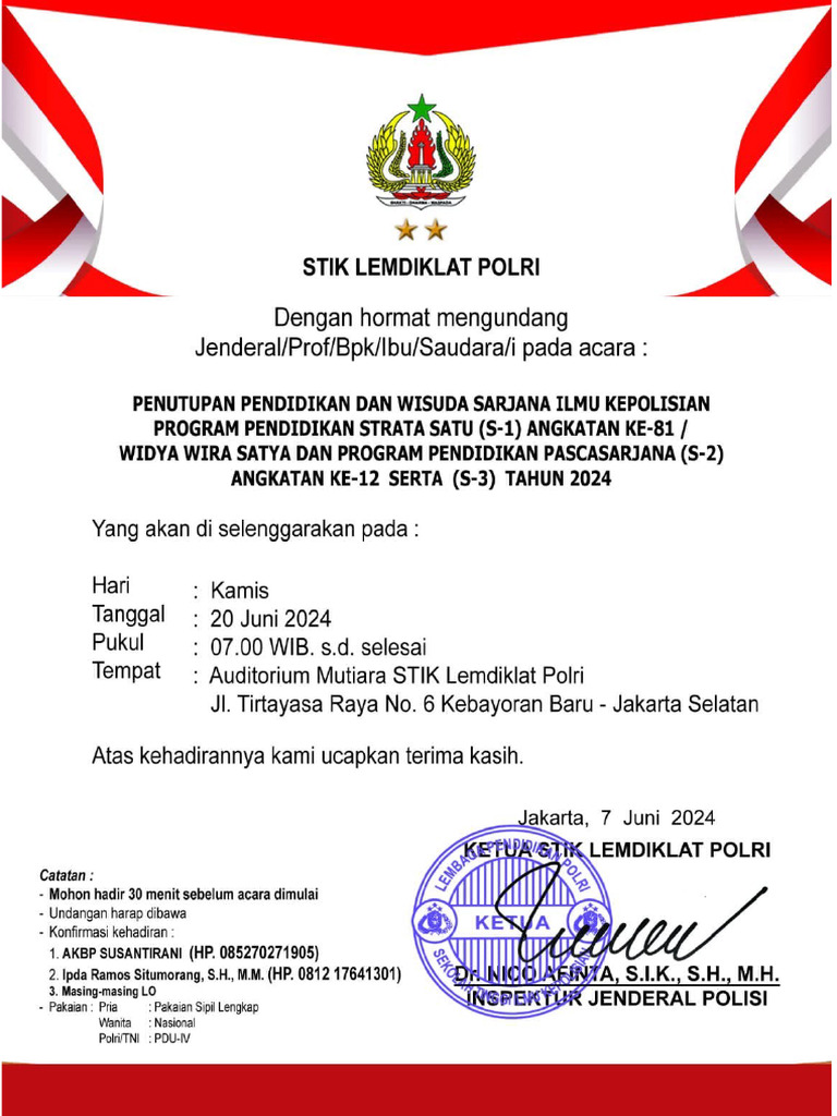 Undangan Tupdik Dan Wisuda Mahsiswa PTIK Angkatan Ke-81tahun 2024 | PDF