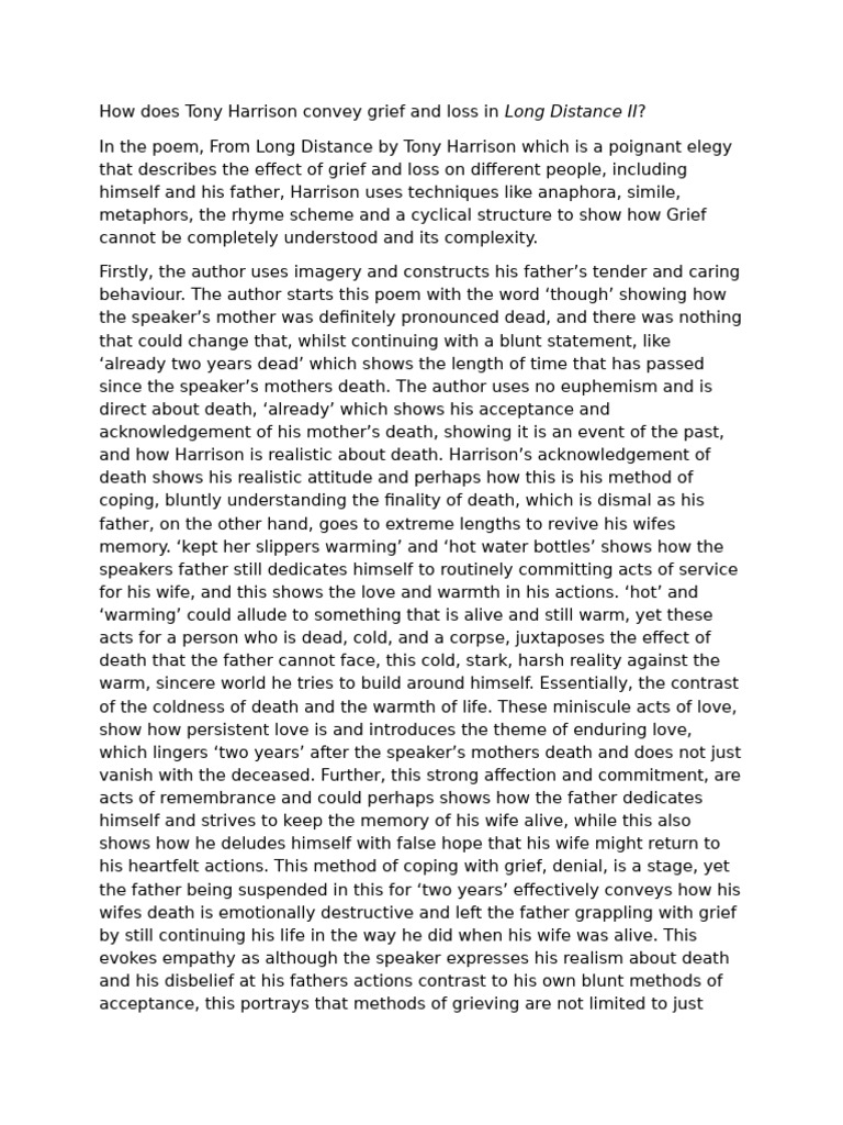 How does Tony Harrison convey grief and loss in Long Distance II | PDF ...