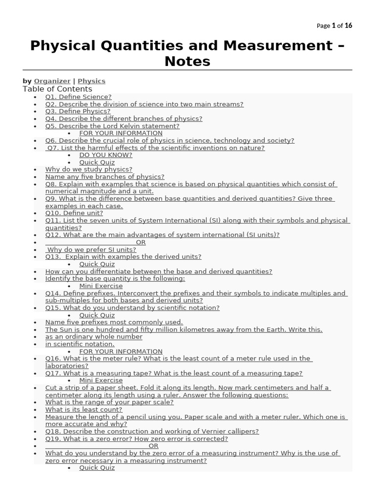 Chapter 1 - Physical Quantities and Measurement | PDF | Weighing Scale | International System Of ...