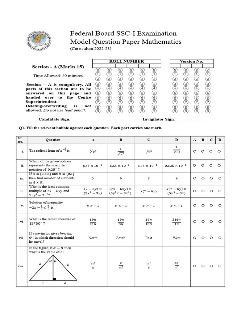 Final Assessment Framework Model Question Paper Mathematics SSC-I | PDF