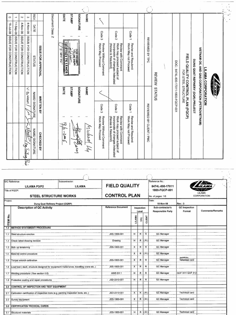 Field Quality Control Plan For Steel Struture (1811-FQCP-001) | PDF