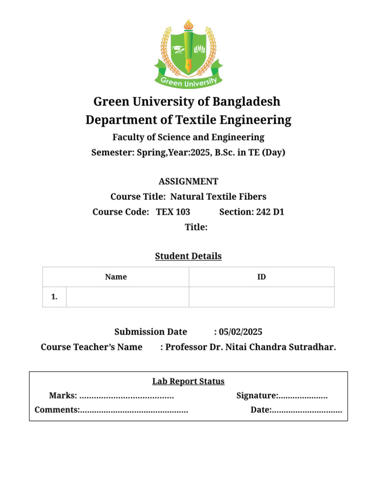 RUET Cover Page for TEX 103 Assignment | PDF