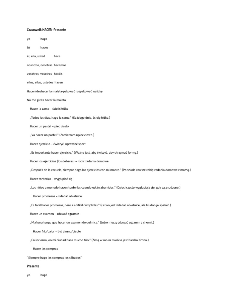 Conjugación del verbo HACER en presente | PDF
