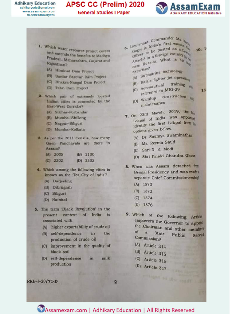APSC CC Prelim Exam 2020 GS 1 Question Paper | PDF