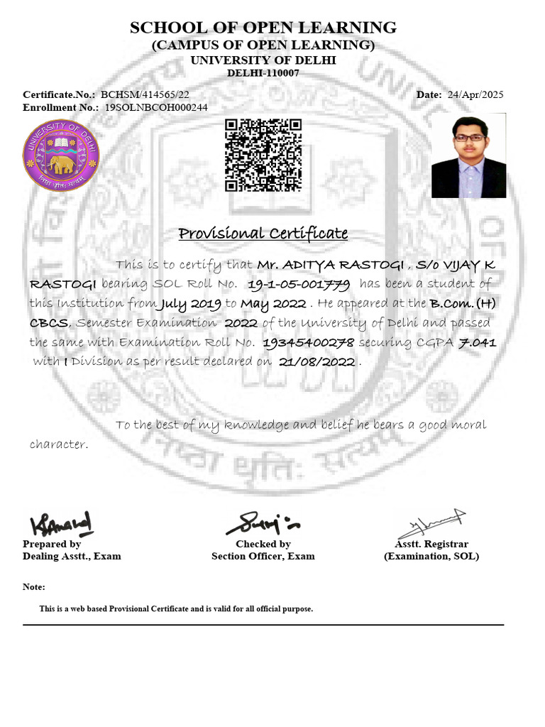 Provisional Certificate for B.Com. Graduate | PDF