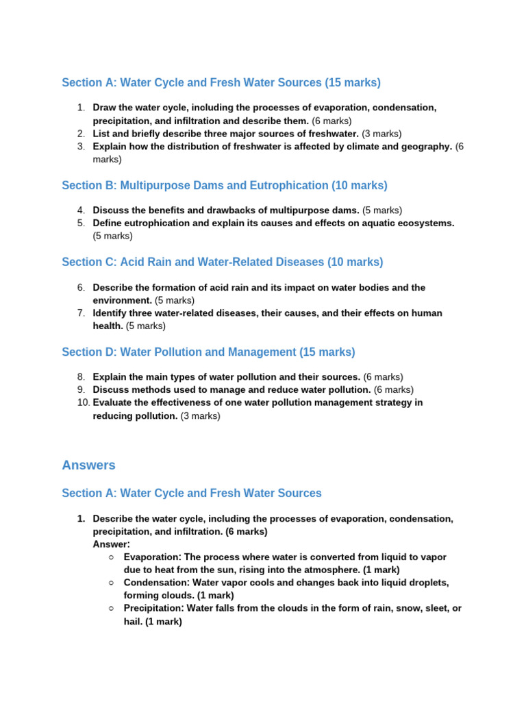 Water and Its Management - Revision Worksheet | PDF | Water Pollution ...