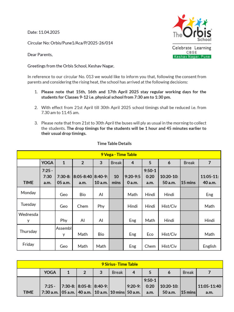 Orbis School April 2025 Timetable Update | PDF | Physical Sciences