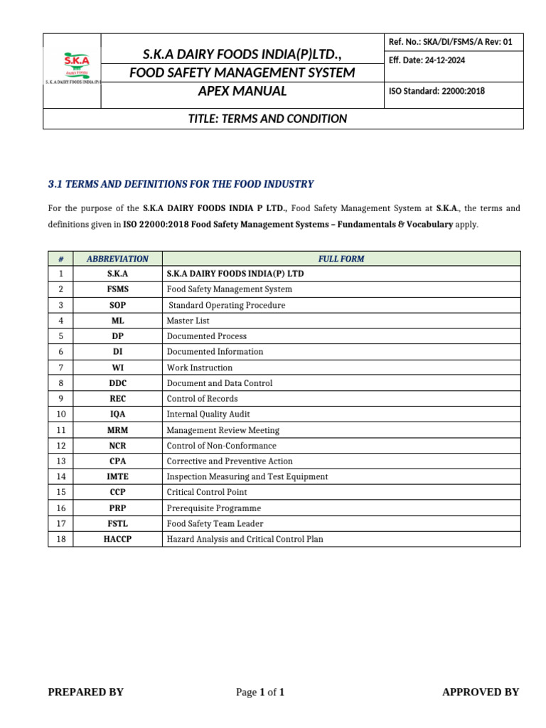 SKA Dairy Foods: FSMS Terms Defined | PDF