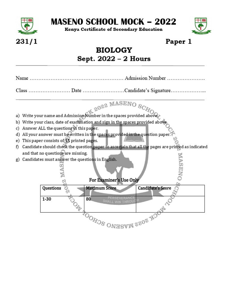 Biology Paper 1 Mock 2022 | PDF | Biology
