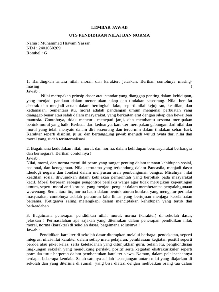 UTS Pendidikan Nilai dan Norma_Muhammad Hisyam Yassar_2401050269 | PDF