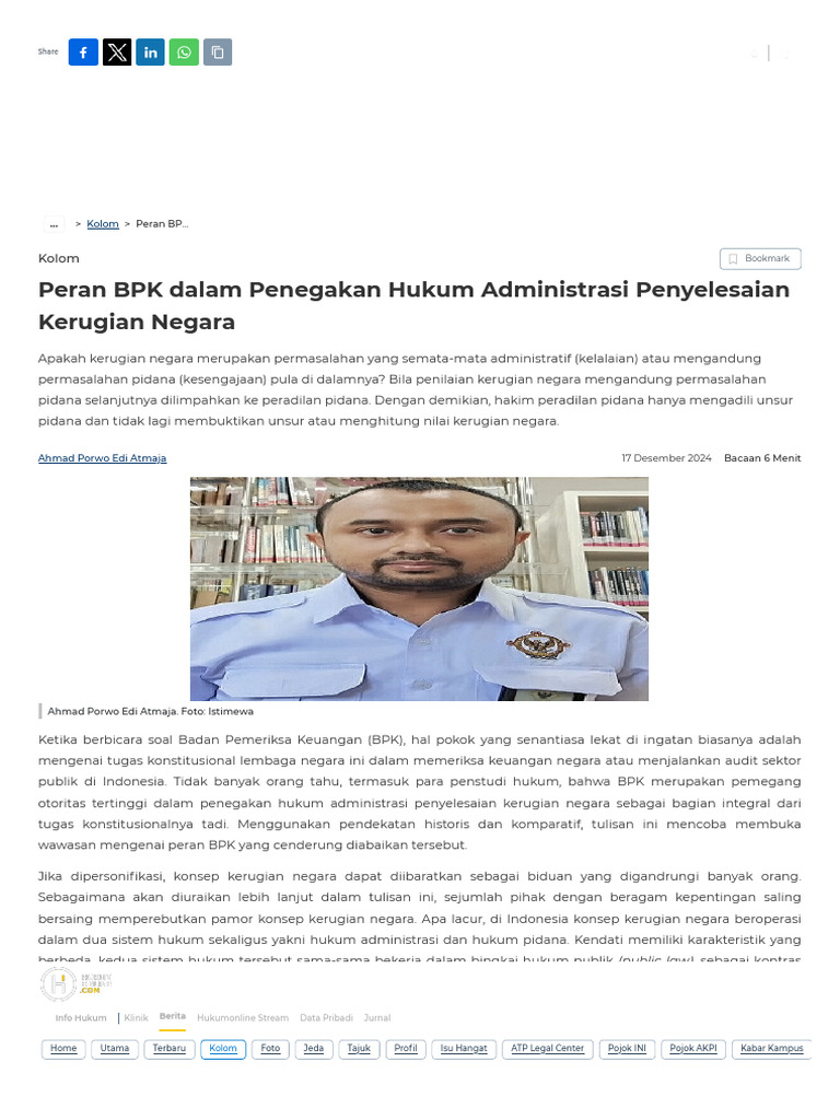 Peran BPK dalam Penegakan Hukum Administrasi Penyelesaian Kerugian Negara | PDF