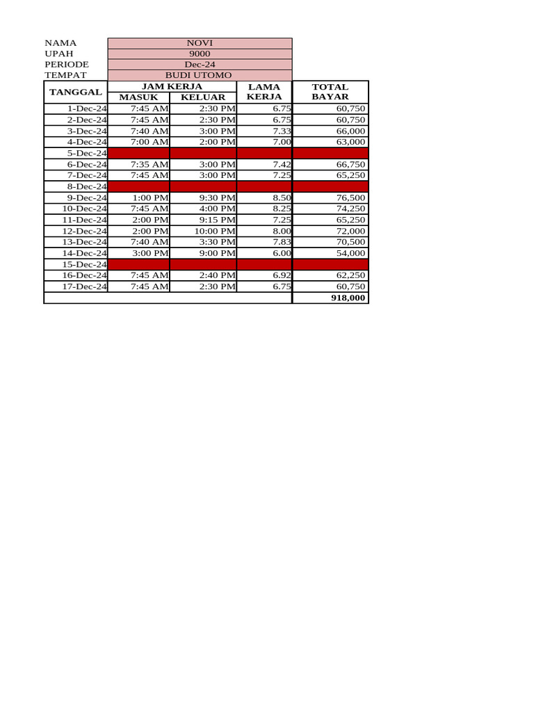 December 2024 Work Hours and Payments | PDF