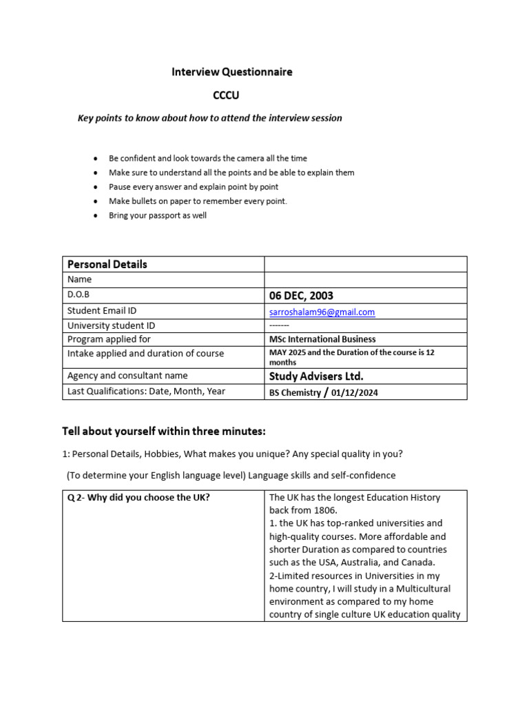 Interview Questionnaire (CCCU) . | PDF | Knowledge | Canterbury