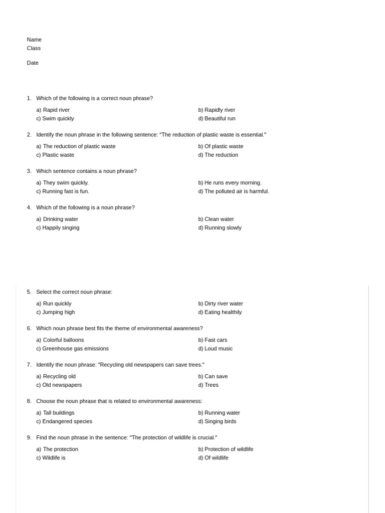 Noun Phrase Identification Quiz | PDF | Syntax | Grammar