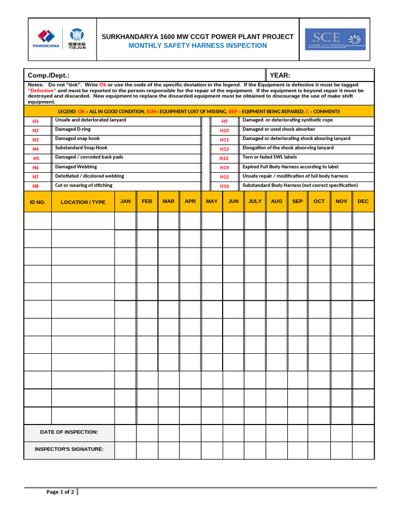 Monthly Safety Harness Inspection Log | PDF | Equipment