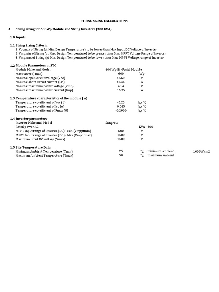 String Sizing Calculations (Bi-Facial) - 600Wp | PDF | Power Inverter ...