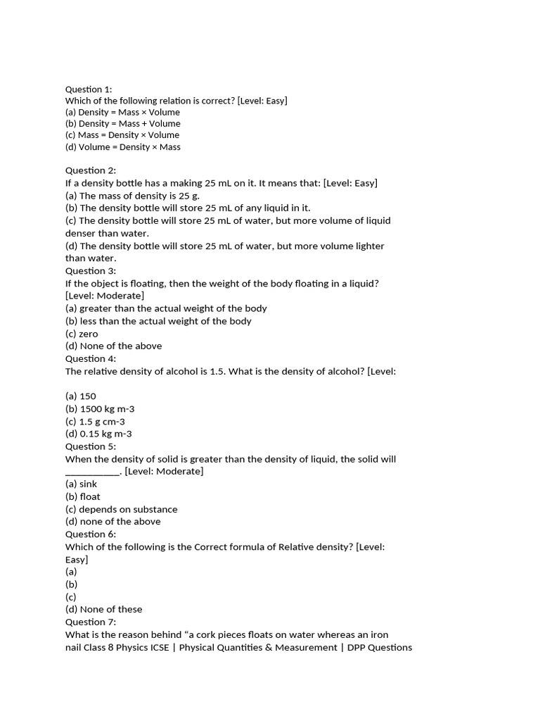 Density and Force Problems for Class 8 | PDF | Density | Force