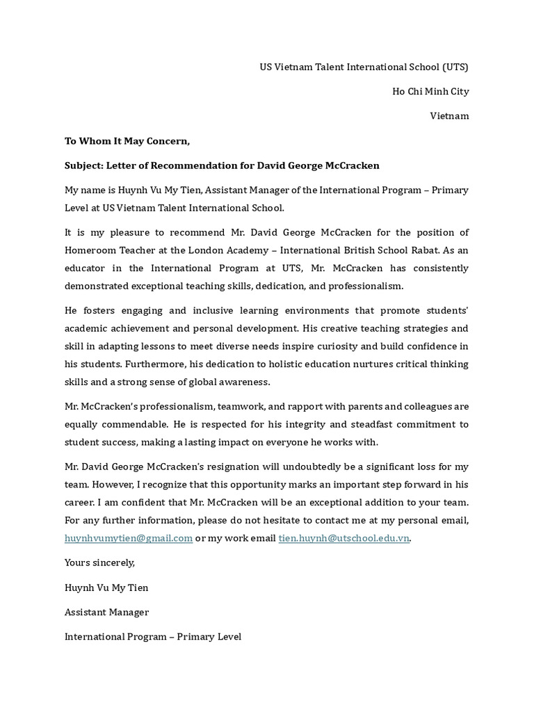 Letter of Recommendation for David George McCracken (1) | PDF