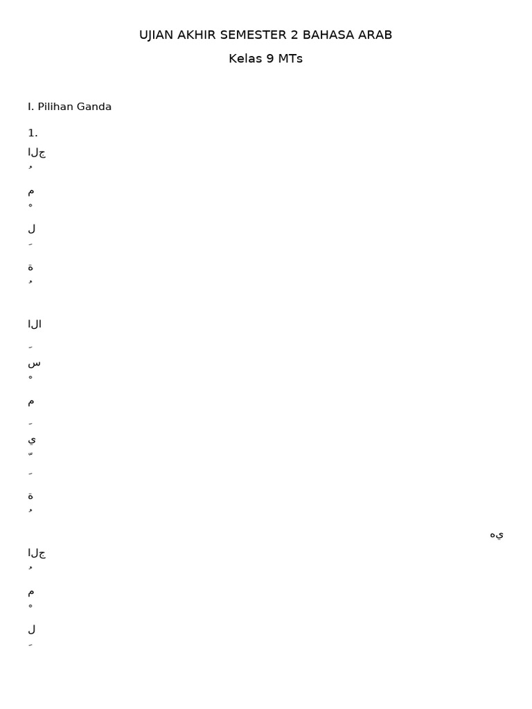 UAS Bahasa Arab Kelas 9 MT2 | PDF