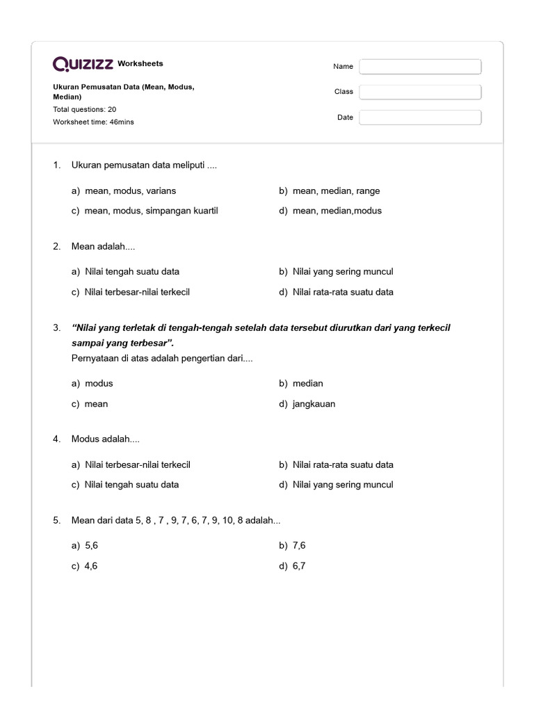 Ukuran Pemusatan Data (Mean, Modus, Median) - Quizizz | PDF