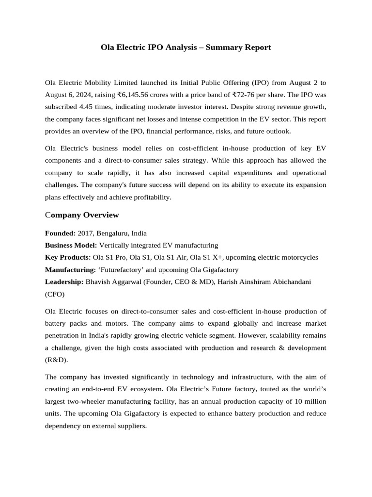 Ola Electric IPO Analysis 241364 IAPM | PDF | Investing | Initial Public Offering