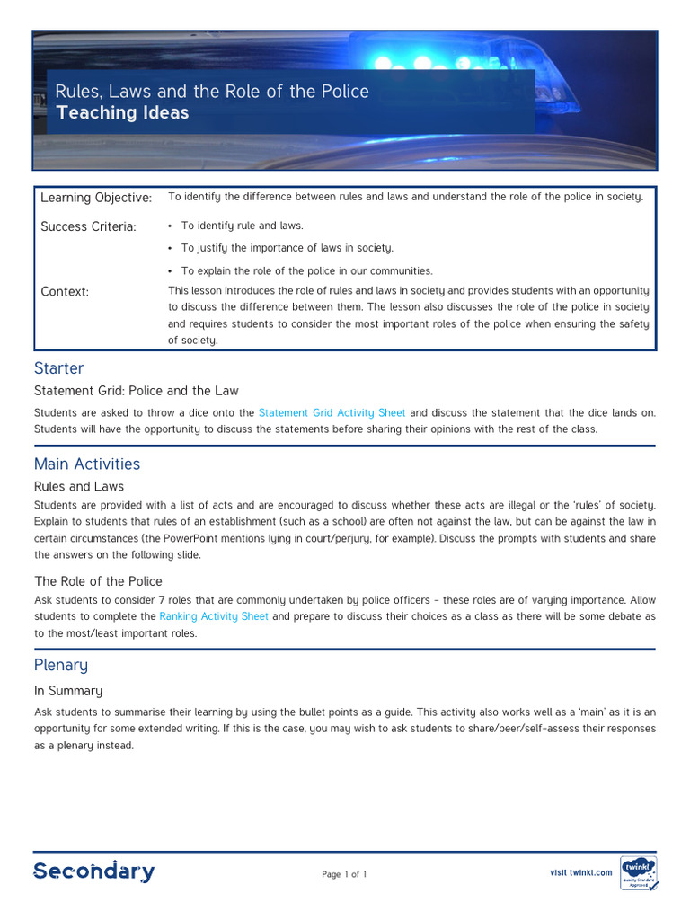 Rules Laws and The Role of The PoliceTeaching Ideas | PDF