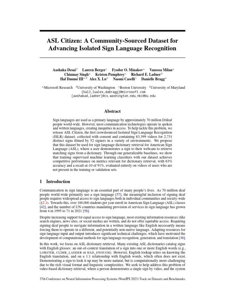 NeurIPS 2023 Asl Citizen a Community Sourced Dataset for Advancing Isolated Sign Language ...