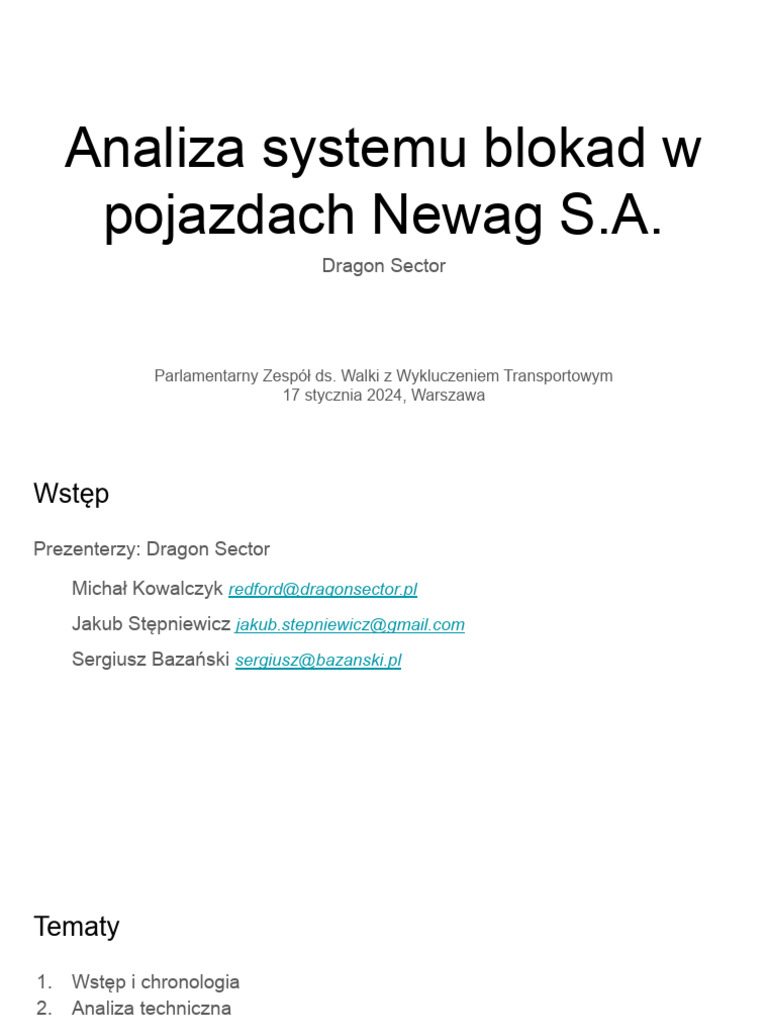 Analiza Systemu Blokad W Pojazdach Newag S.A.: Dragon Sector | PDF