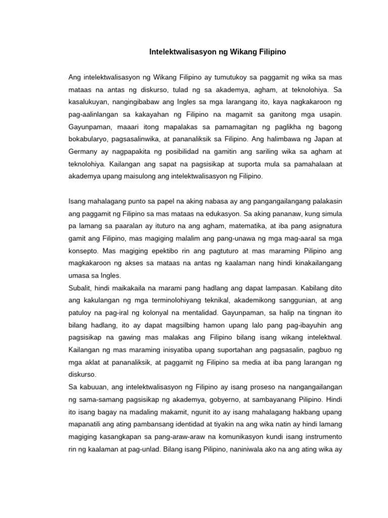 Intelektwalisasyon NG Wikang Filipino Repleksyong Papel | PDF