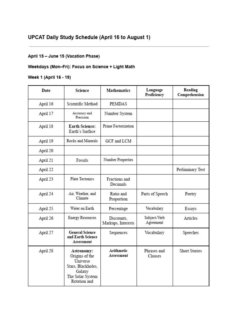 UPCAT Daily Study Schedule (April 16 to August 1) | PDF | Force ...
